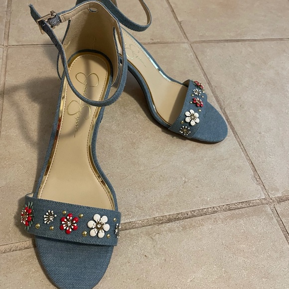 Shoes | Jessica Simpson Chunky Heels Denim Blue Floral 9m | Poshmark